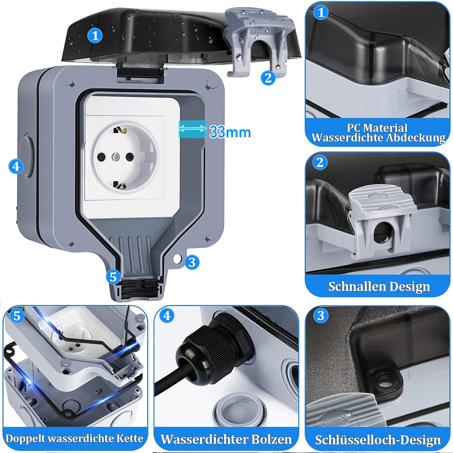 Priza pentru exterior, WALALLA, impermeabila IP66, cu indicator de ...