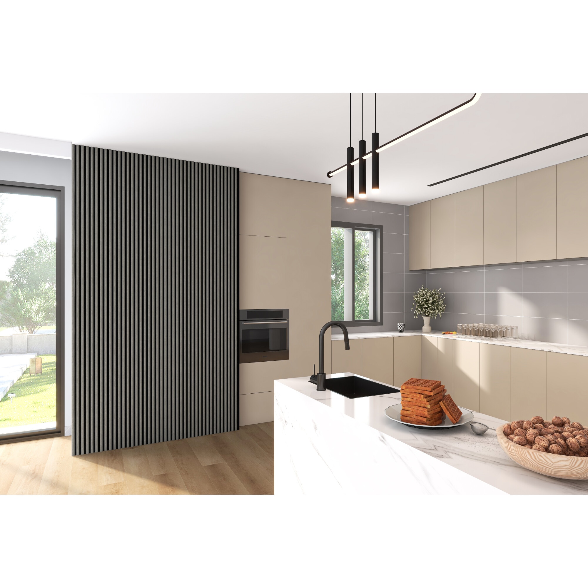 Riflaj decorativ tip panou acustic din fetru cu lamele din MDF, culoare ...