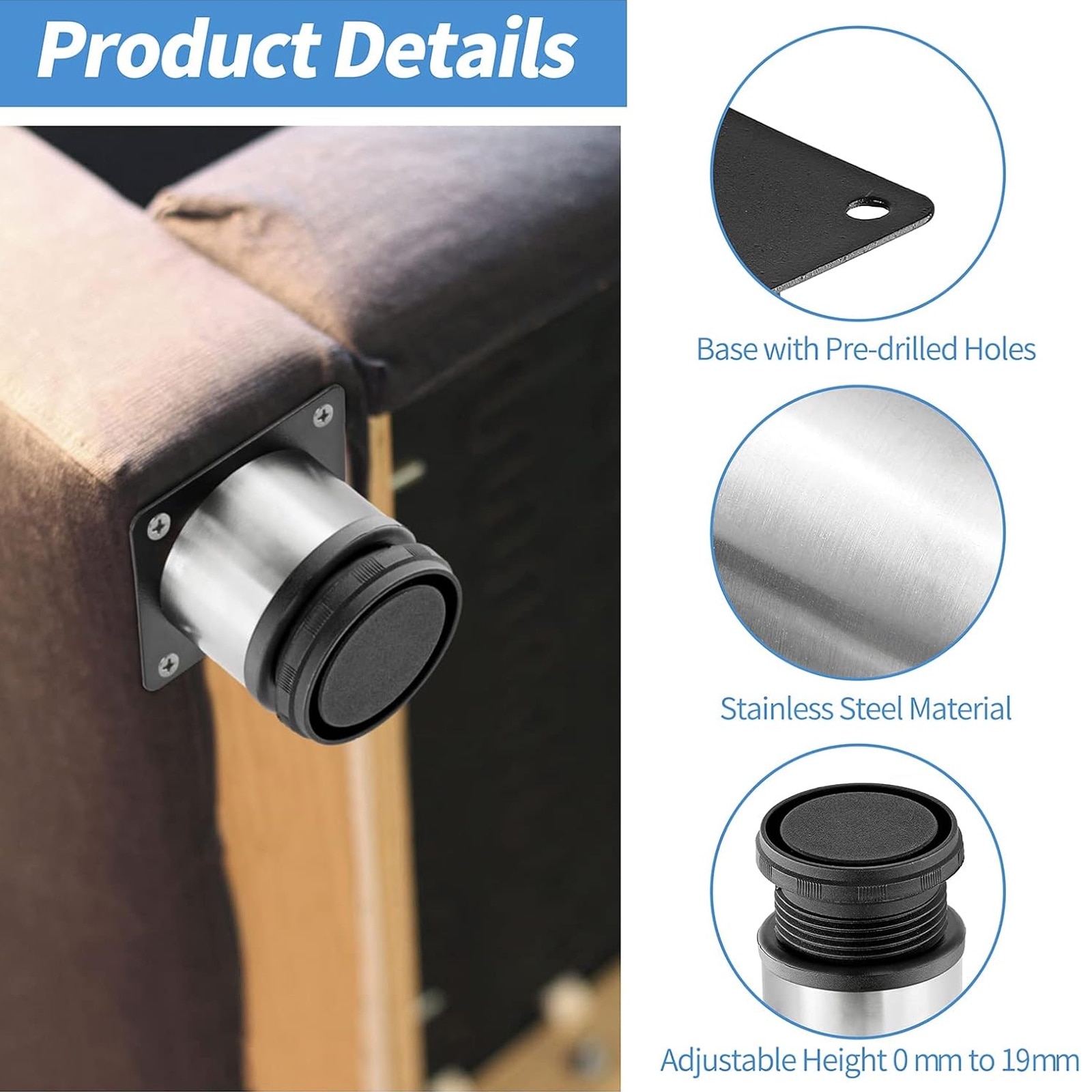 Set 4 Picioare de mobilier metalic, Picioare reglabile din otel inoxidabil, Picioare rotunde de ...