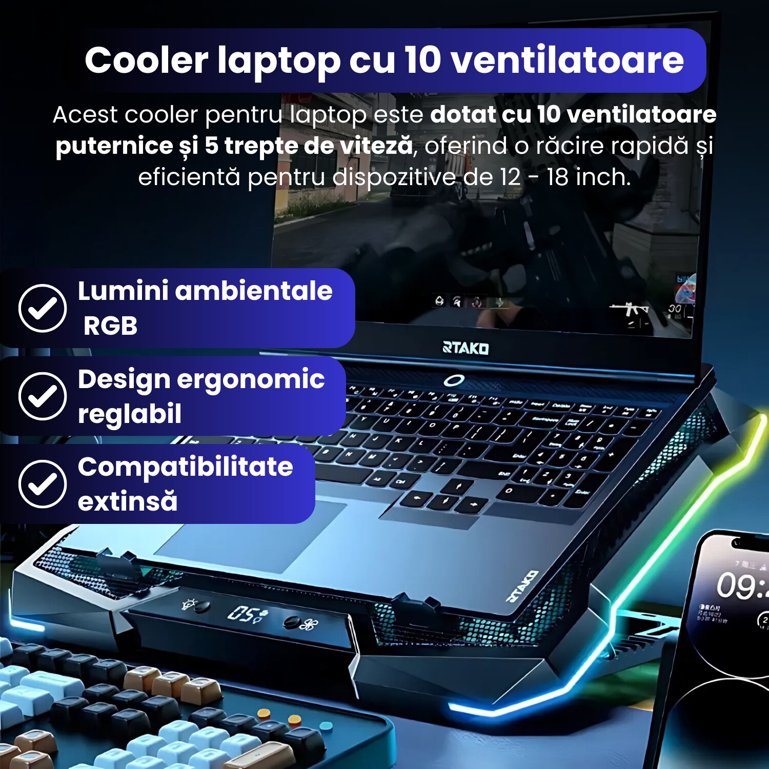 Cooler laptop, SHOPPING MCB, 10 ventilatoare si 5 trepte de viteza ...