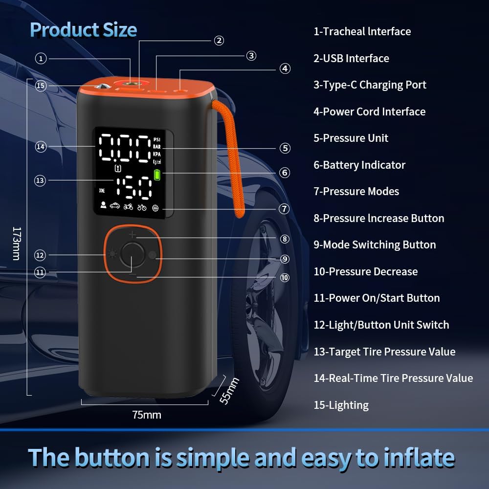 Compresor auto smart portabil, GABOS™, cu lampa camping, baterie ...