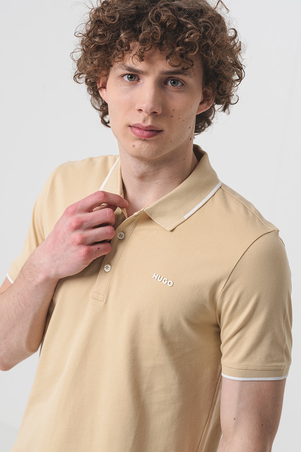 HUGO, Tricou polo slim fit Dinoso, Bej, Alb optic, M - eMAG.ro