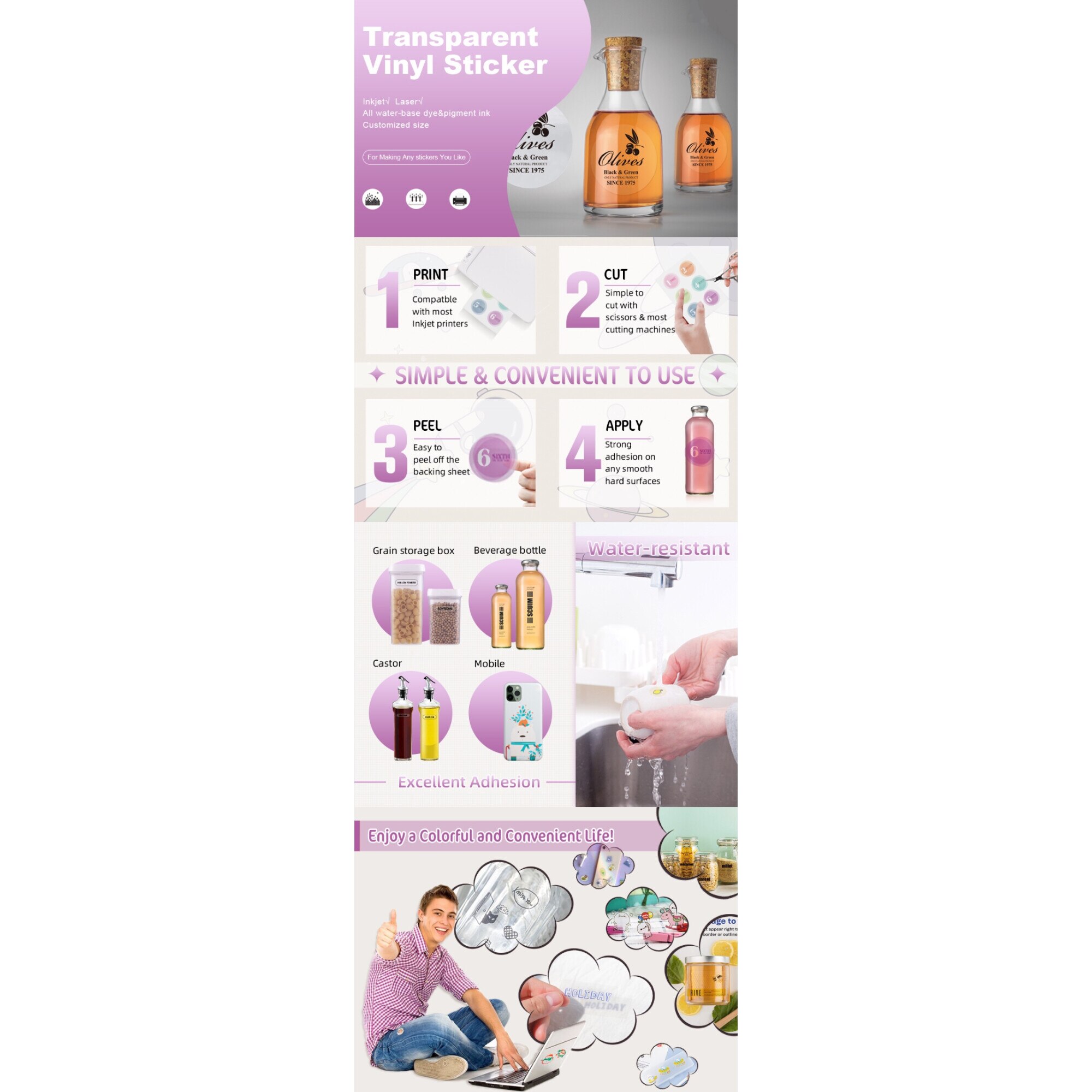 Autocolant printabil transparent mat din folie de vinil PET de 80 ...