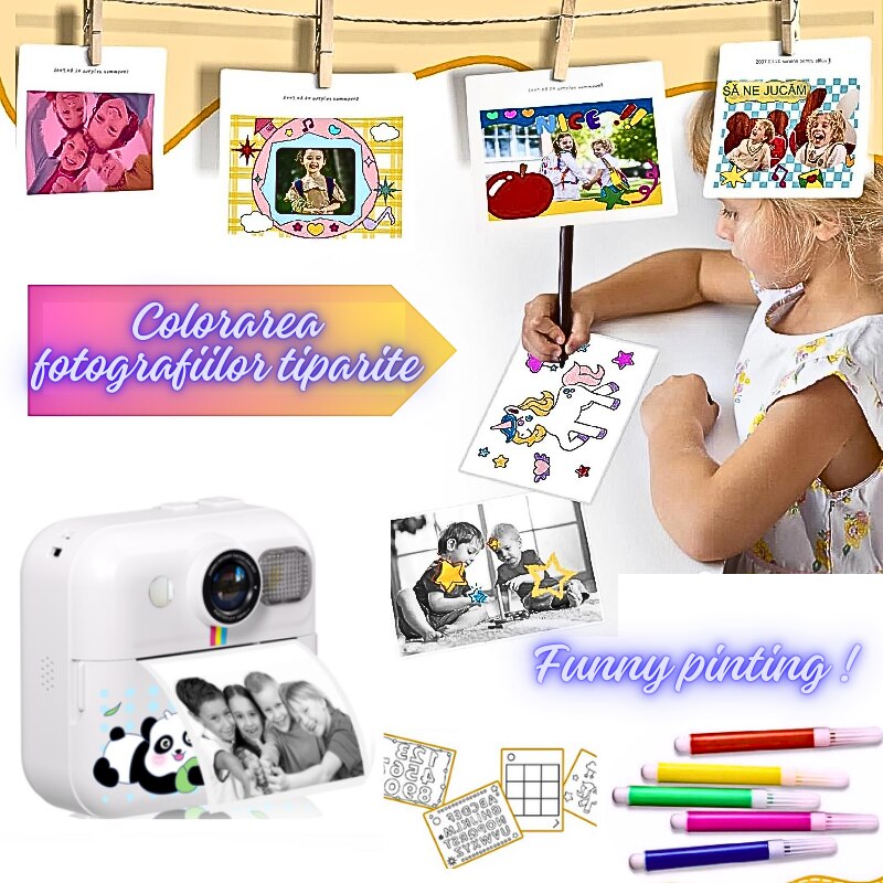 Camera foto cu functie de printare, RaSteff™, 1080p, Trei role de ...
