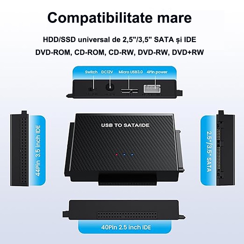 Cititor hard disk USB 3.0 la SATA IDE, Rqiurpn, suporta HDD/SSD 2.5"/3. ...