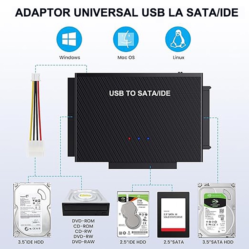Cititor hard disk USB 3.0 la SATA IDE, Rqiurpn, suporta HDD/SSD 2.5"/3. ...