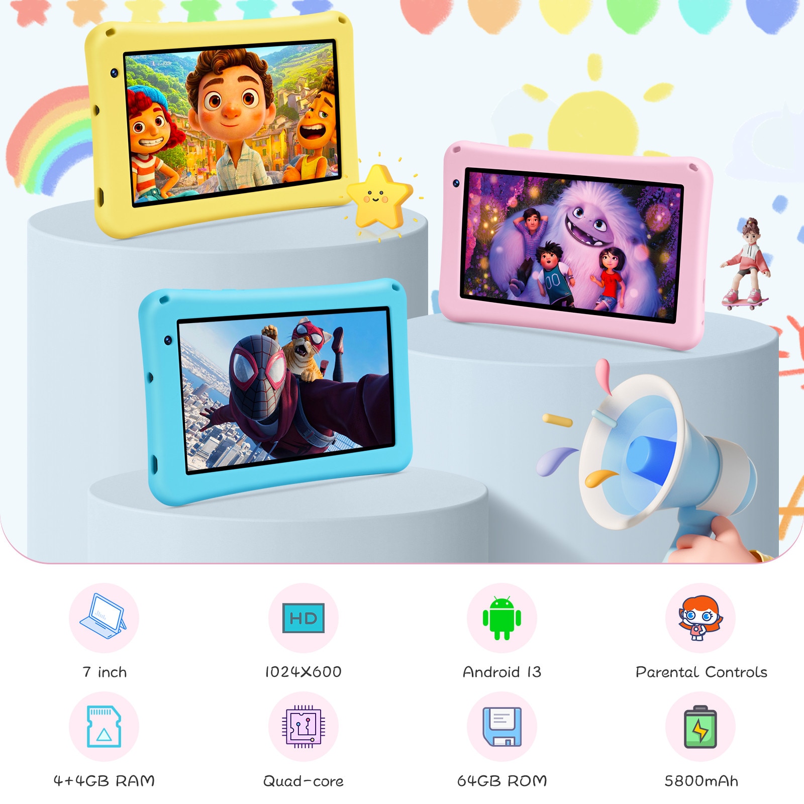 Tableta copii 7 inci，BRILLAR Tableta Android 13, octa-core，8GB RAM，64GB ...