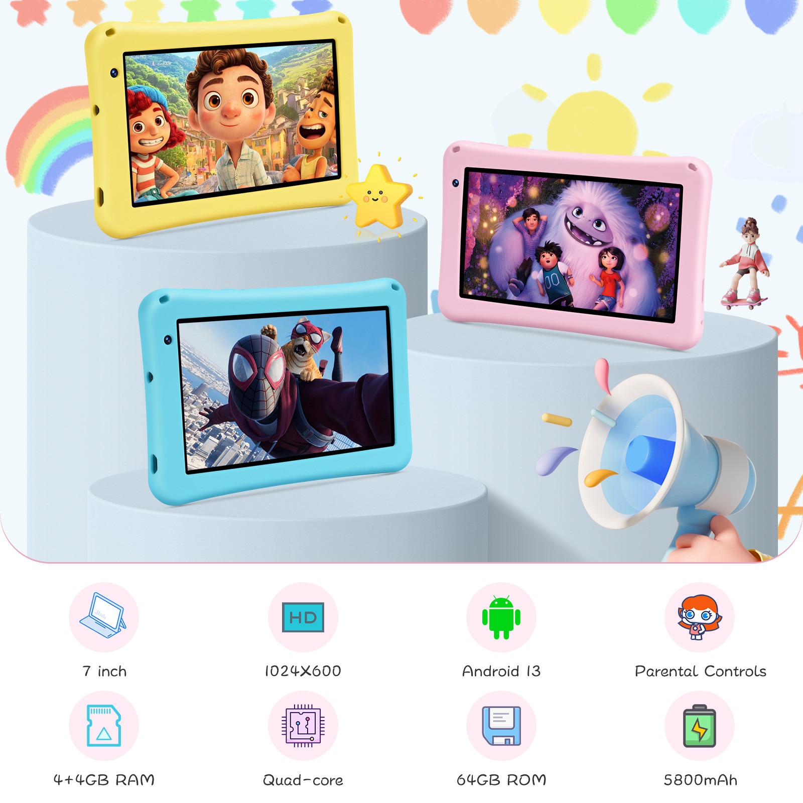 Tableta copii 7 inci，BRILLAR Tableta Android 13, octa-core，8GB RAM，64GB ...