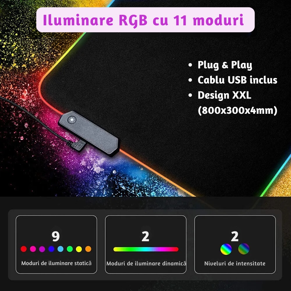 MousePad profesional XXL gaming cu iluminare RGB LUVLU™, 11 moduri de ...