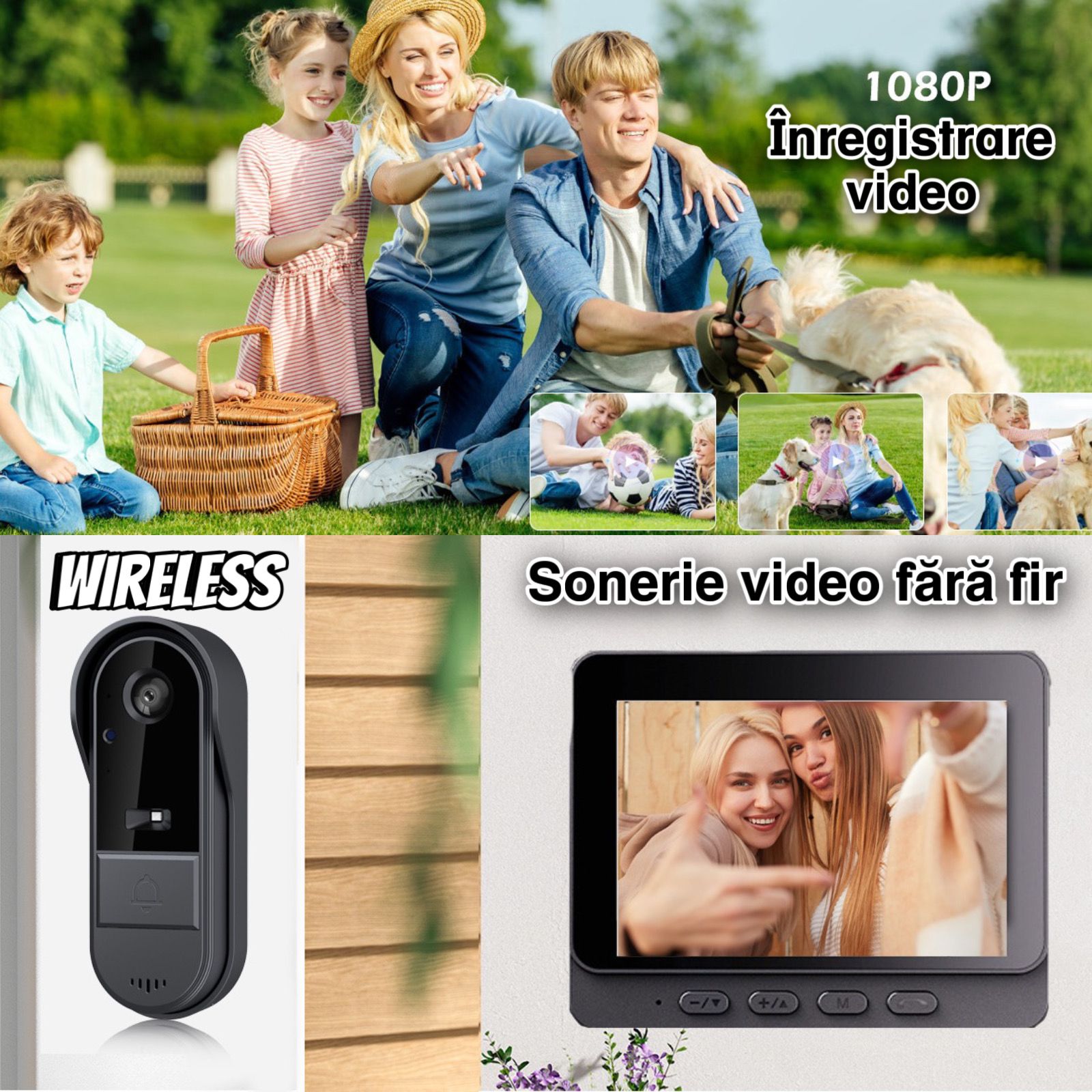 Sonerie video fara fir wireless exterior cu monitor, HITTERGEM ...