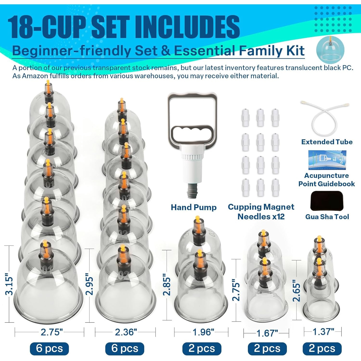 Комплект от 18 чаши за масаж, SHIJOOE®, Вакуум без огън с помпа, Терапевтична функция ...