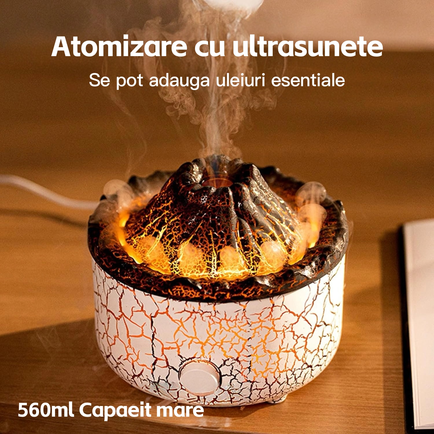 Umidificator aromaterapie tip vulcan, 560ml, 3 moduri de iluminare, 2 ...