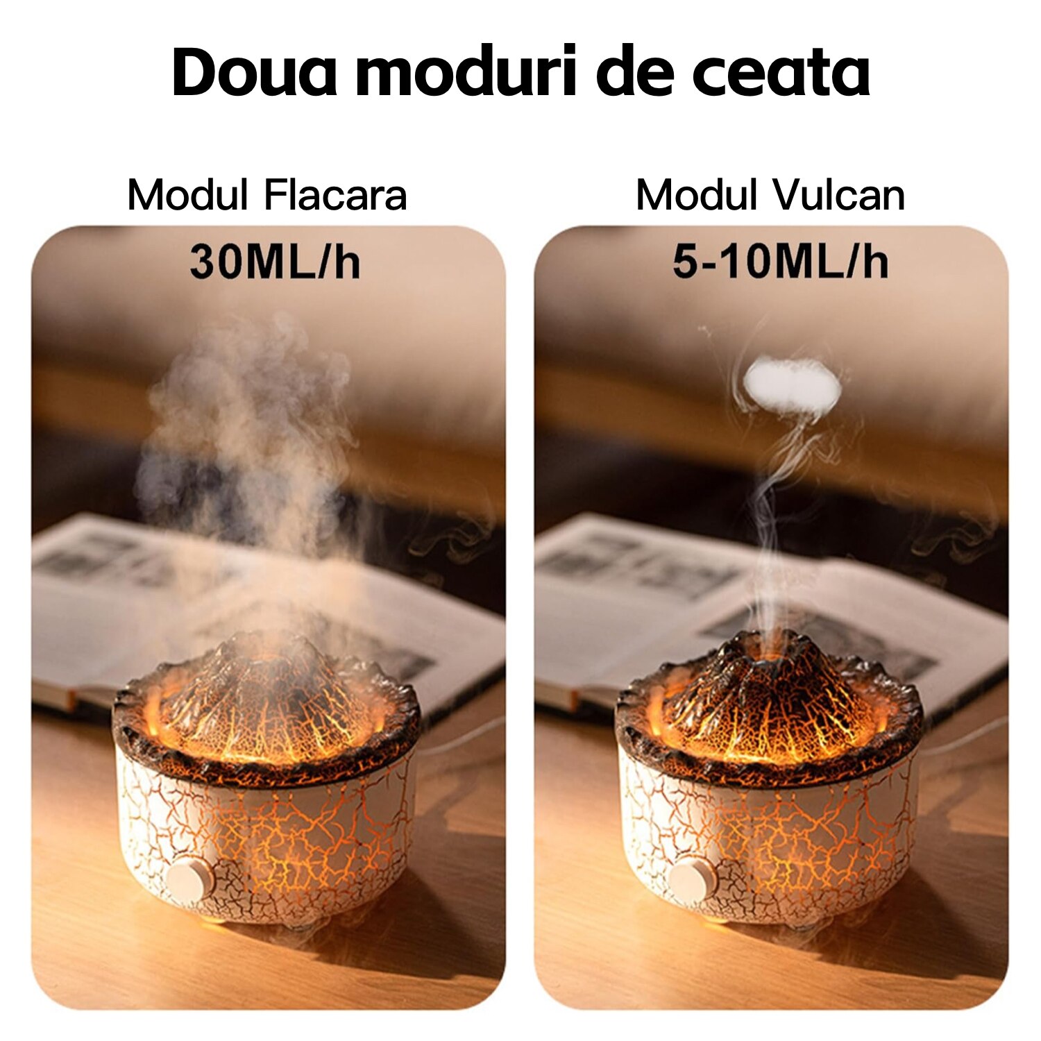 Umidificator aromaterapie tip vulcan, 560ml, 3 moduri de iluminare, 2 ...