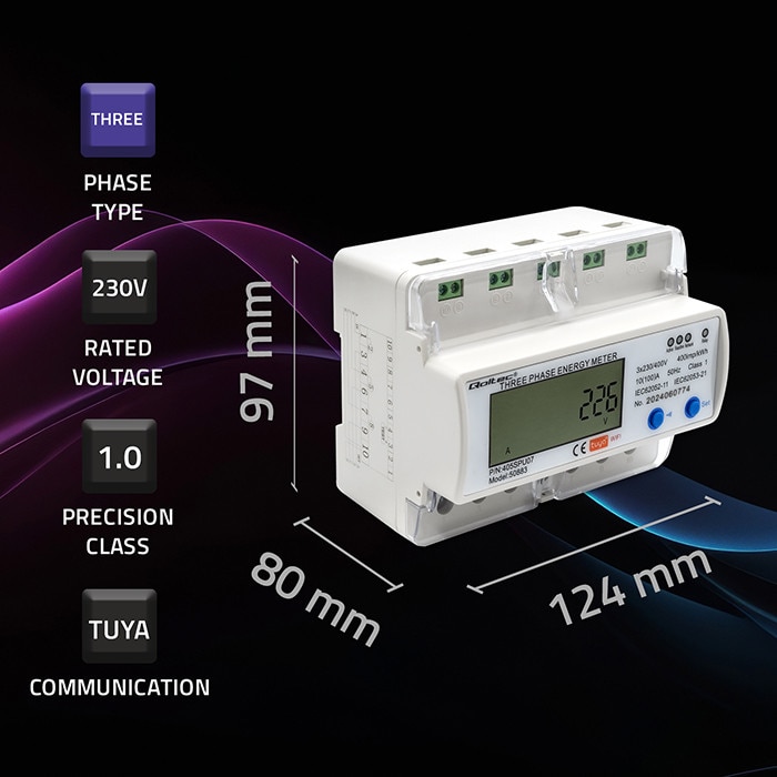 Трифазен електромер, Qoltec, 50883, за DIN шина, Wi-Fi, TUYA, 400V, LCD ...