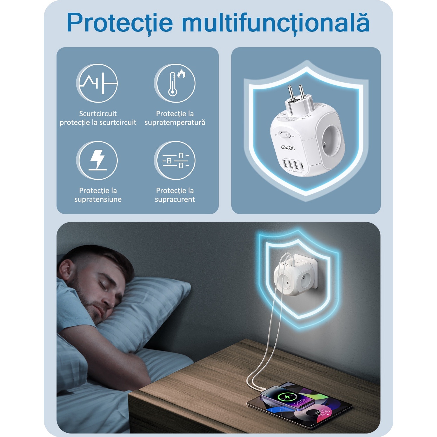 Stecher Priza Multiple de Perete LENCENT®,4 prize Schuko+3 USB A+1 USB ...