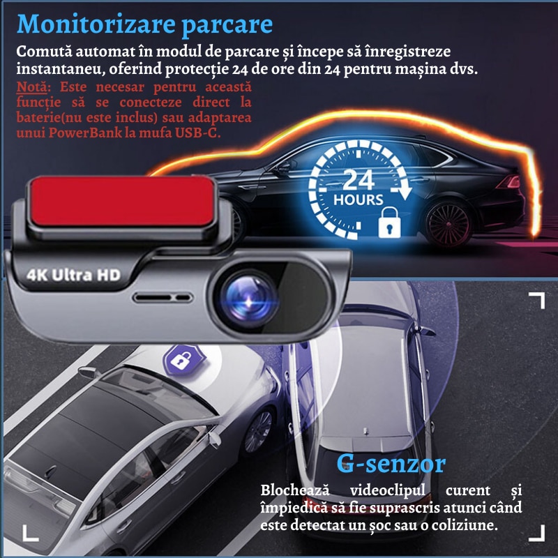 Camera de bord auto smart WiFi 4K MOGODA, Filmare 170°, Rezolutie ...