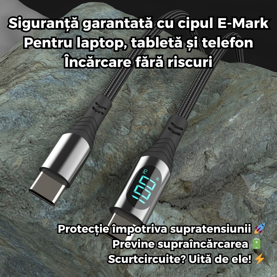 Cablu Date si Incarcare Rapida 100W, AHA PRINT®, cu Display, FastCharge ...