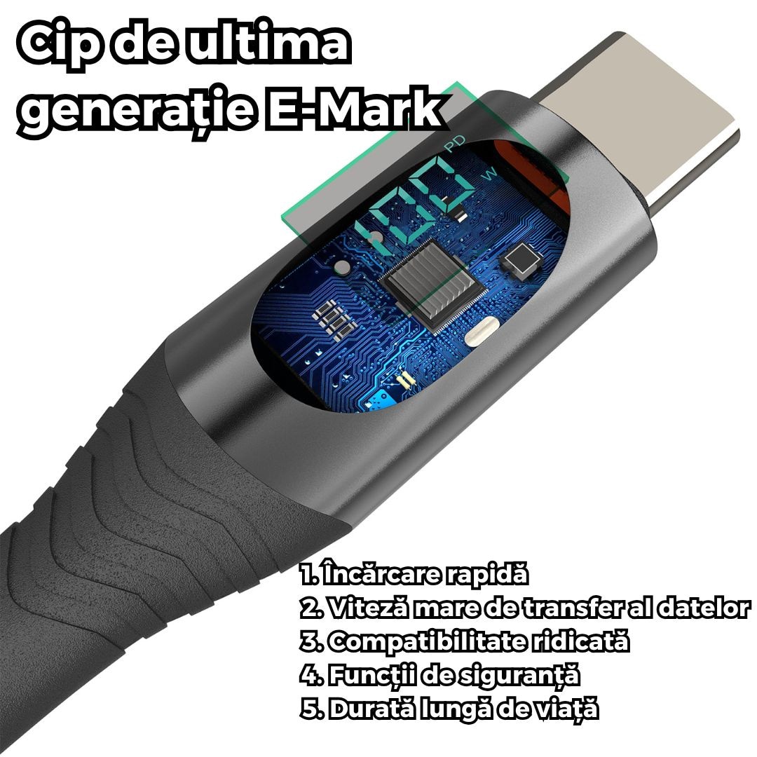 Cablu Date si Incarcare Rapida 100W, AHA PRINT®, cu Display, FastCharge ...