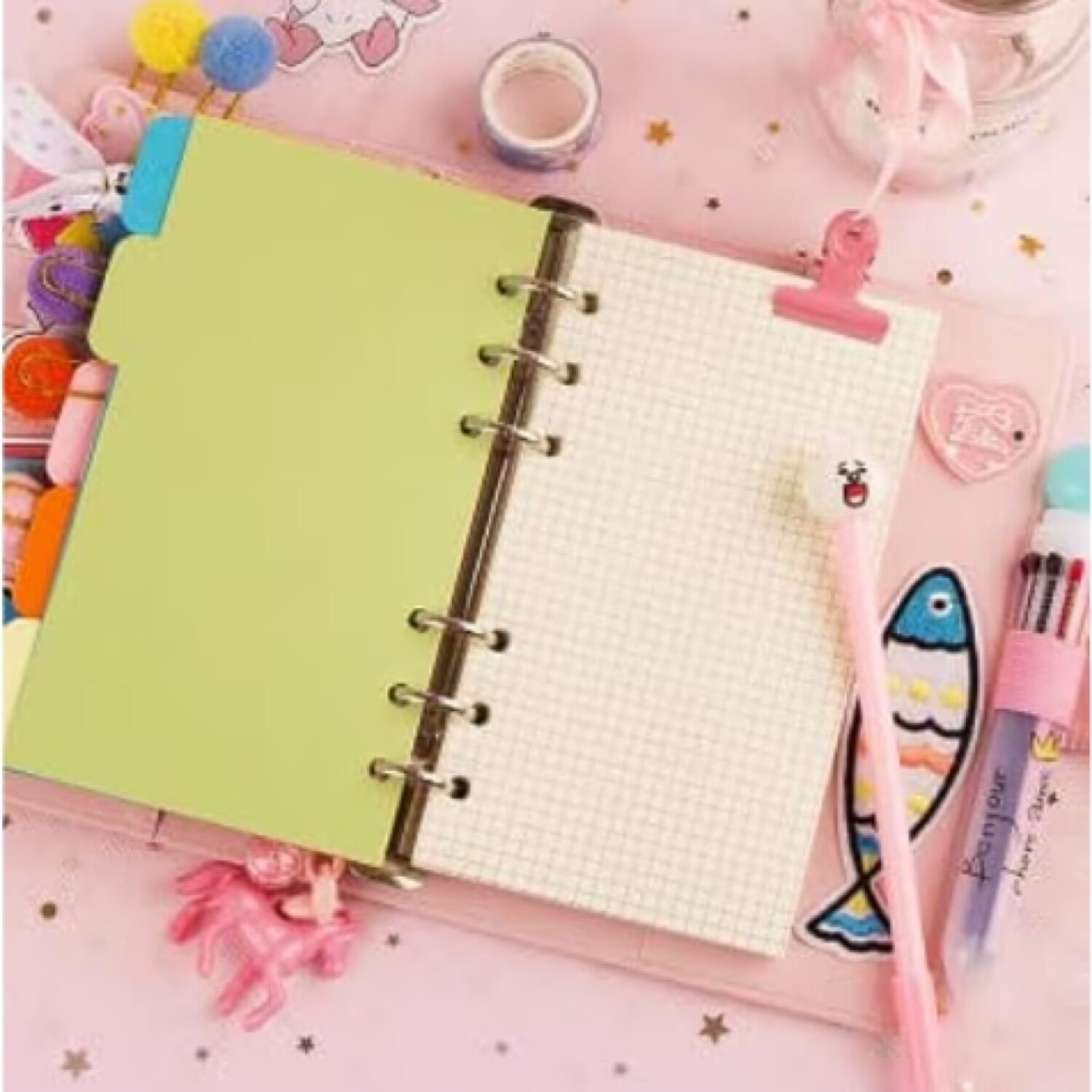 Agenda spirala A6, cu pagini cu grila, set cu stickere, carduri, patch ...