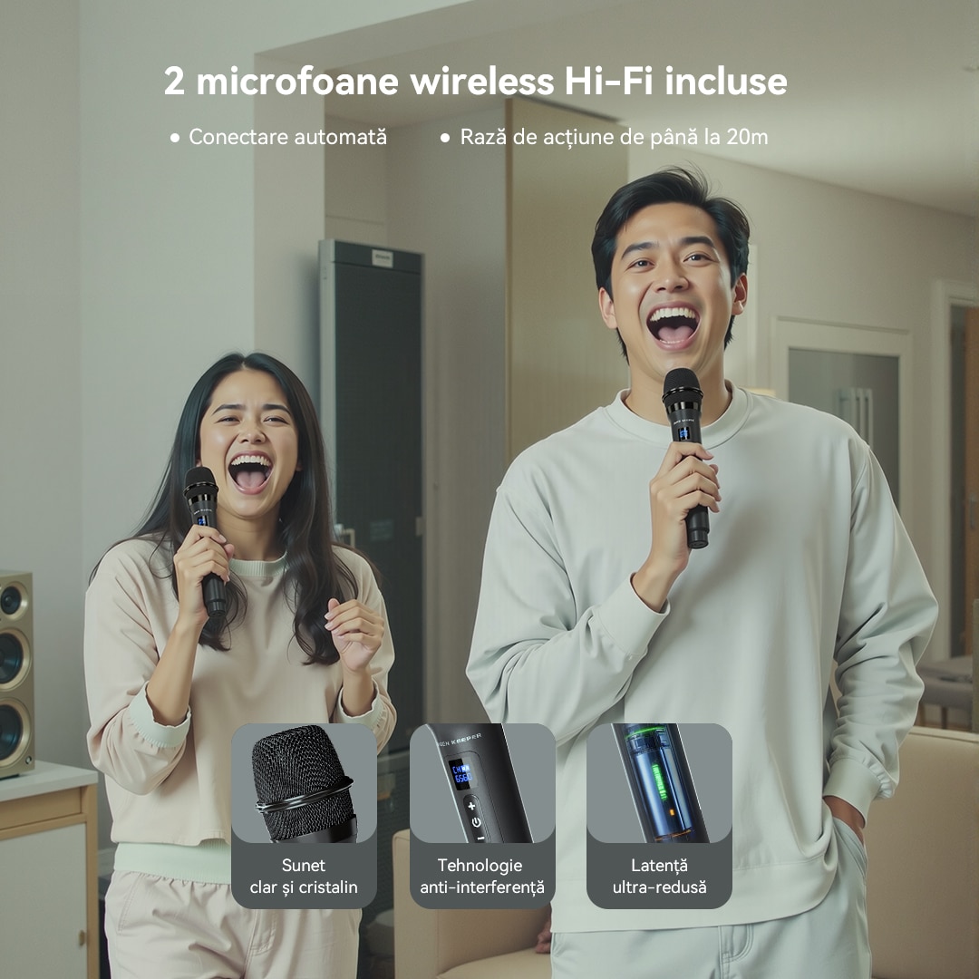 Boxa portabila karaoke Bluetooth 5.3 cu doua microfoane, radio FM ...