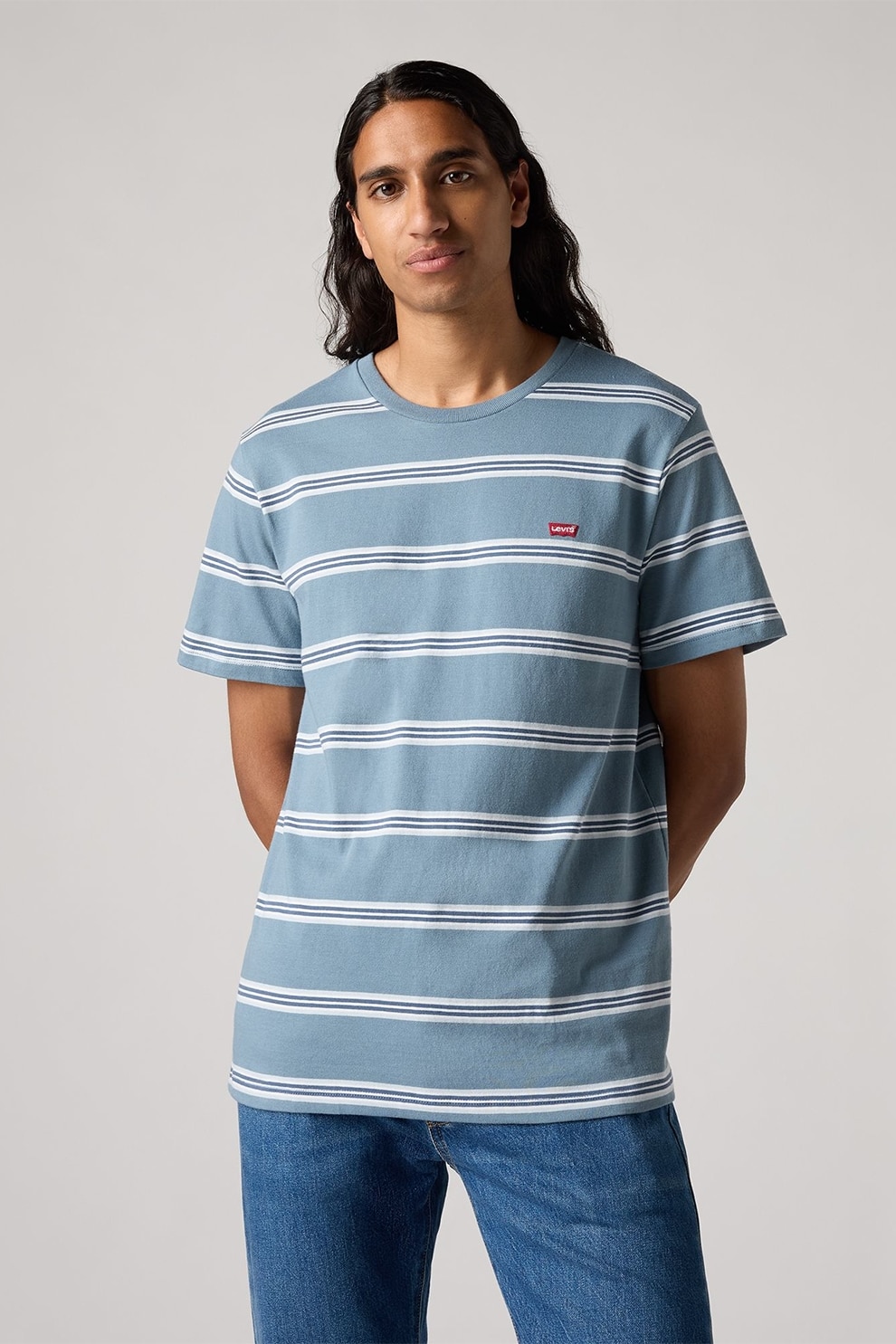Levi's, Tricou cu decolteu rotund, Alb, Albastru prafuit, M - eMAG.ro