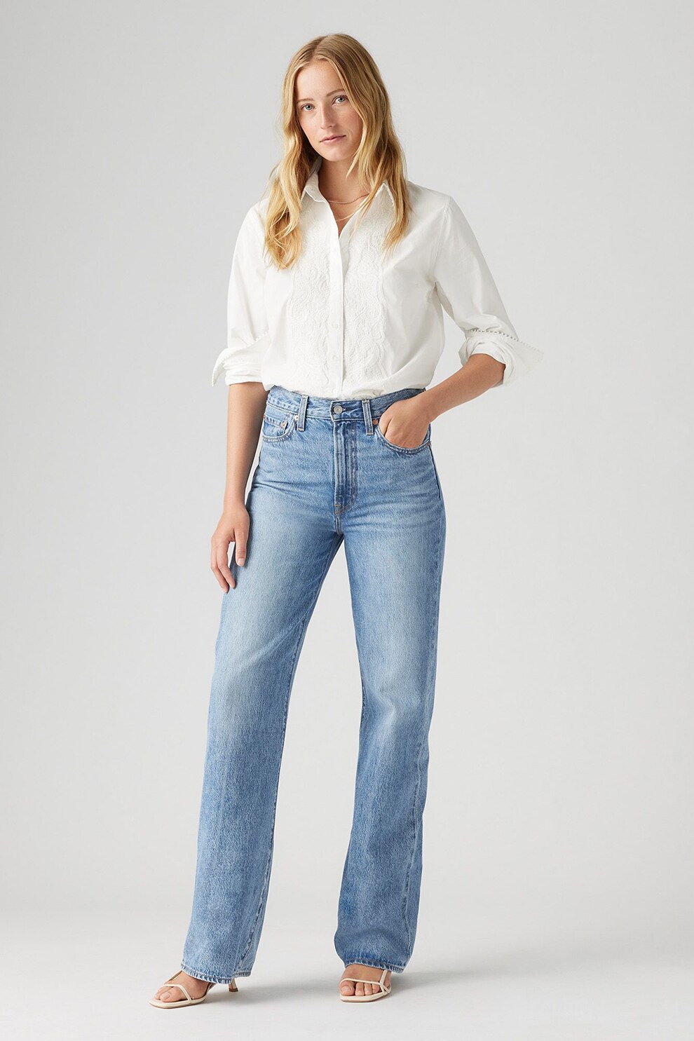 Levi's, Blugi cu croiala ampla Ribcage, Albastru deschis melange, W27 ...