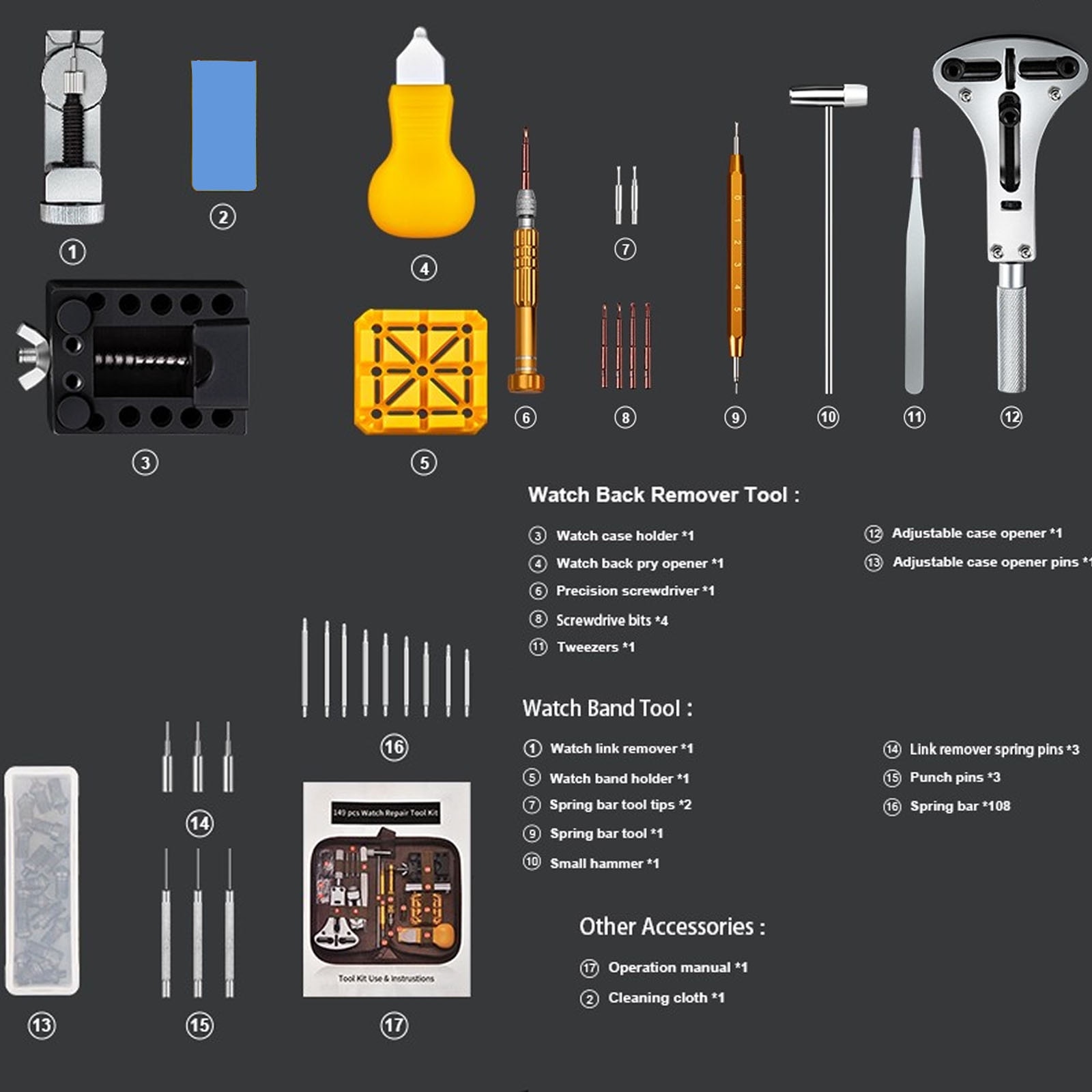 Set Reparatie Ceasuri, SINBINTA, Surubelnite, pensete, cheie, Husa ...