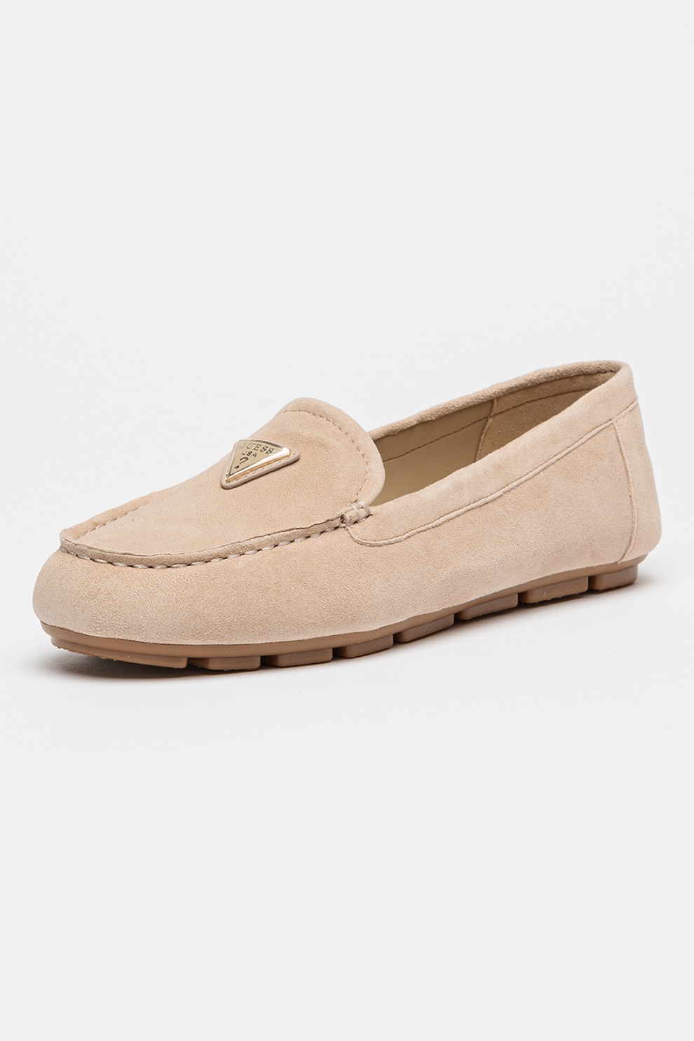 GUESS, Mocasini din piele intoarsa cu varf rotund, Maro taupe deschis ...