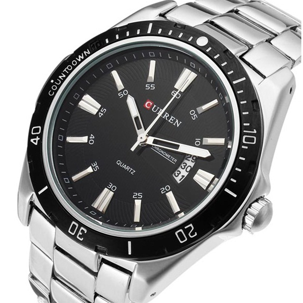 Ceas CURREN Chronometer metalic, afisare data, argintiu, cadran negru ...