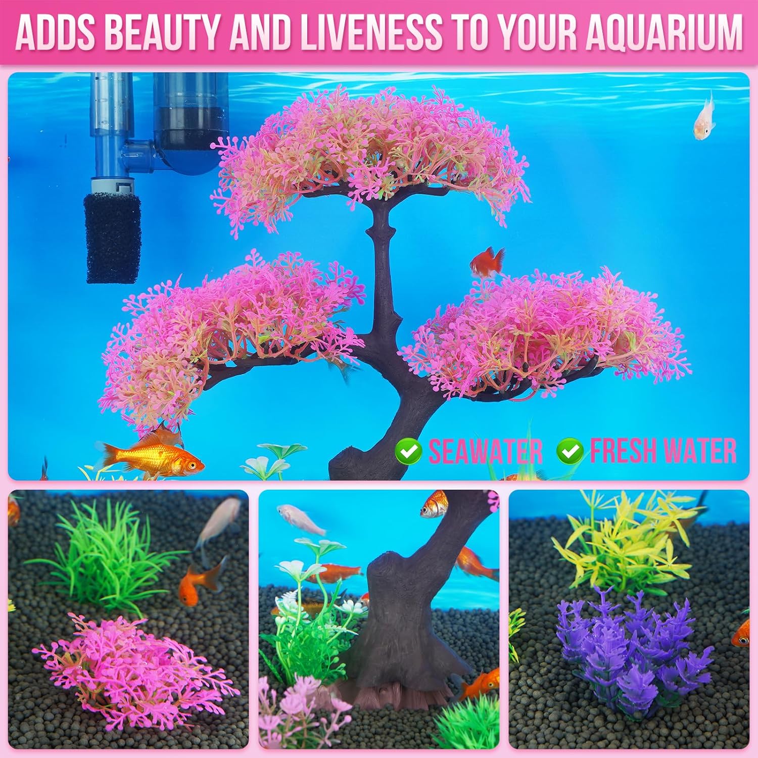 Plante artificiale pentru acvariu, Borlech, roz, 13x27x25cm, set cu ...
