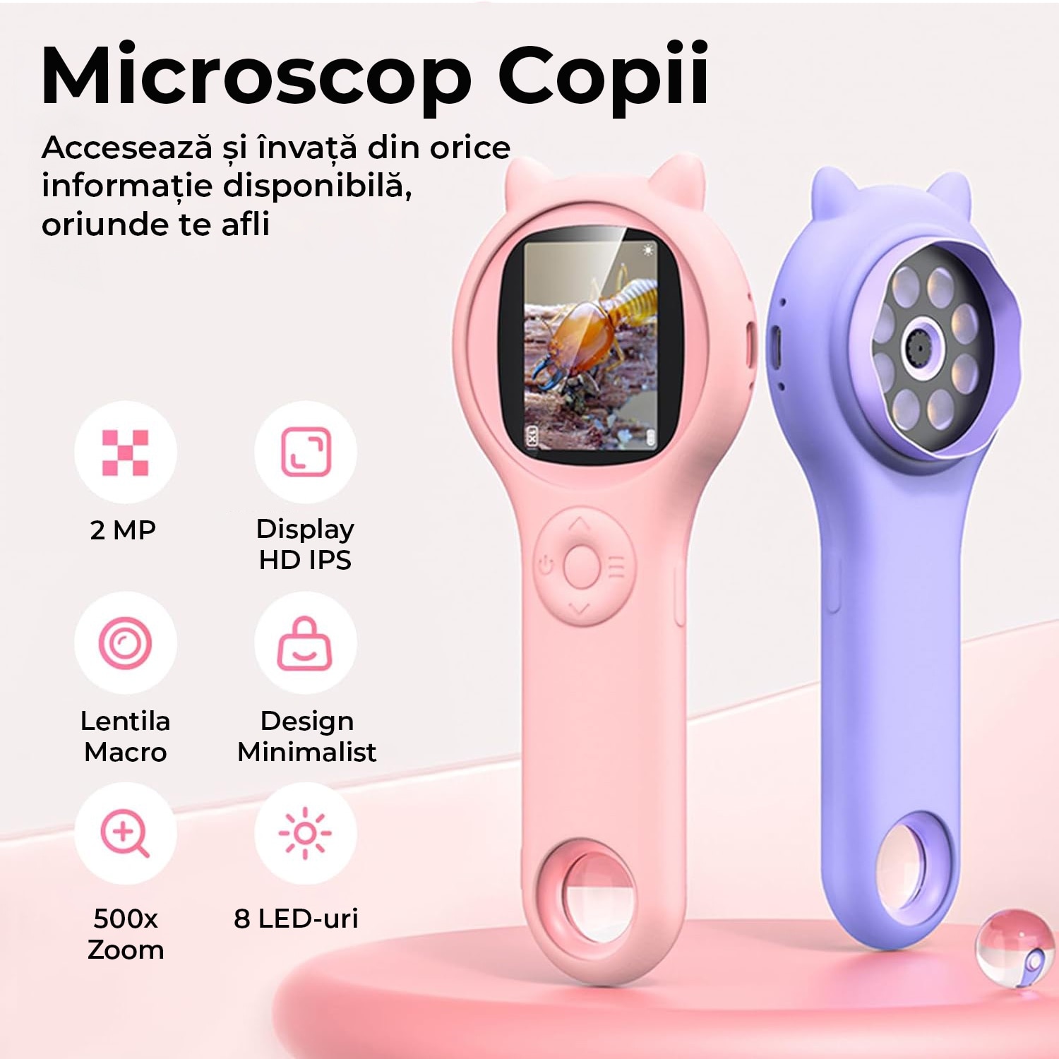 Microscop pentru Copii Educational, Portabil, Zoom 500x, Camera 2 MP ...