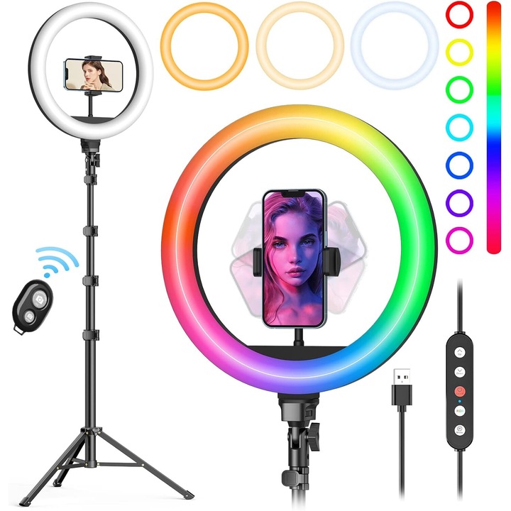 Lampa Circulara Ring Light LED, 39 Color Modes, 3 trepte lumina, Cu Telecomanda Bluetooth si ...
