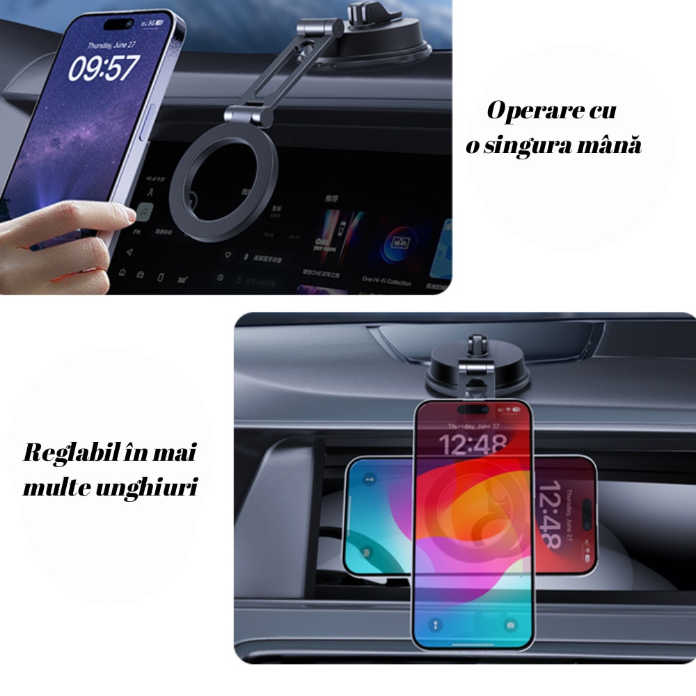 Suport telefon auto magnetic, rotatie 360 grade, prindere bord/parbriz ...
