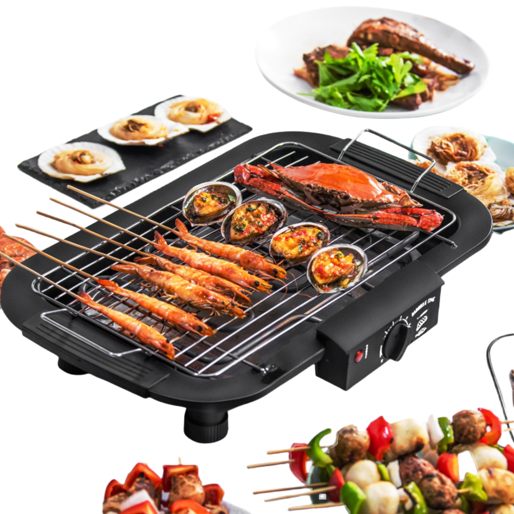 Gratar electric fara fum, 2000W, termostat cu 5 Trepte, grill detasabil ...