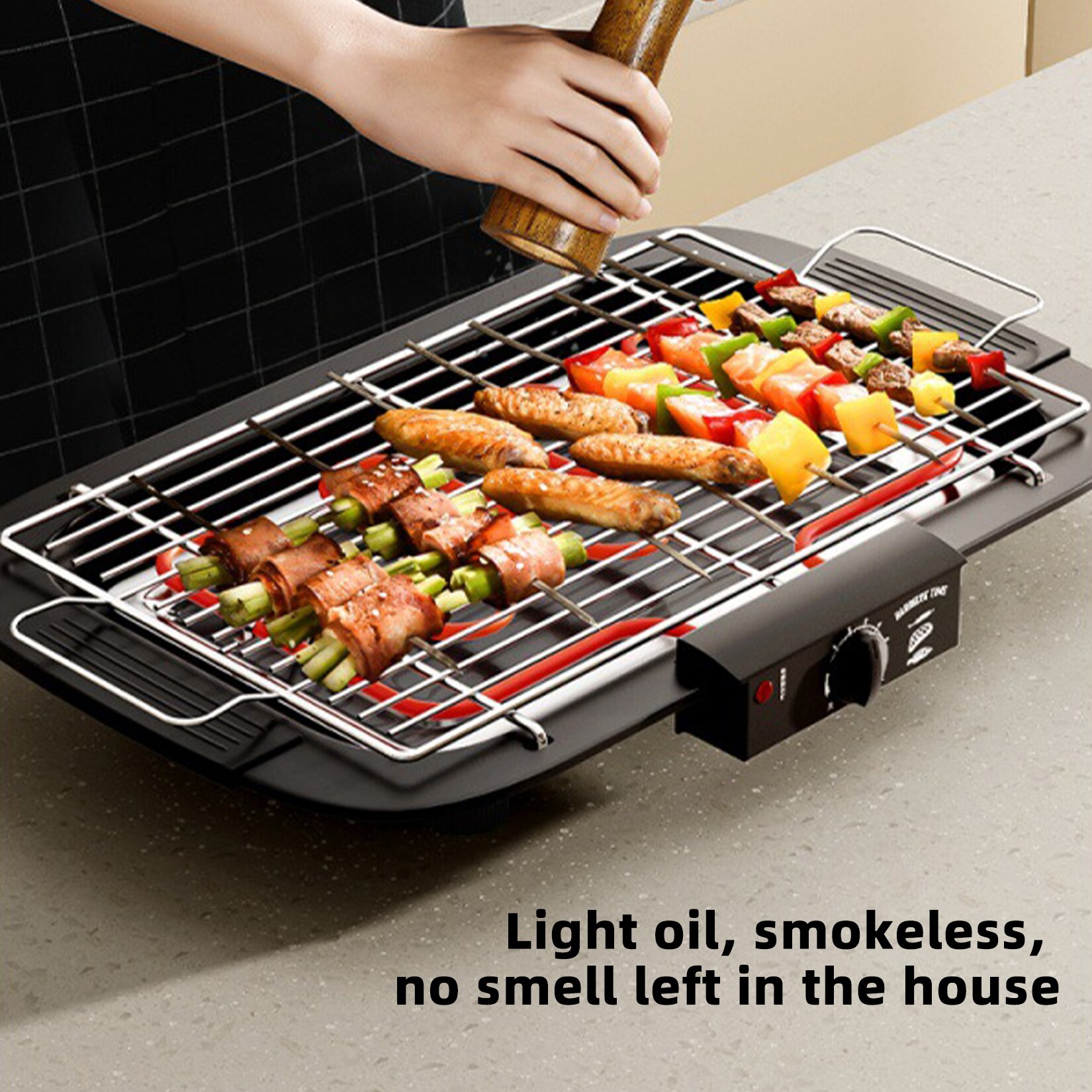Gratar electric fara fum, 2000W, termostat cu 5 Trepte, grill detasabil ...