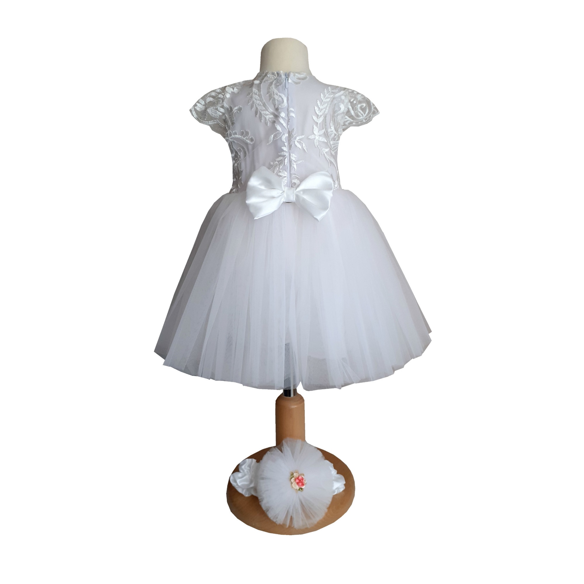 Rochie botez alba cu bentita si fundita detasabila pentru 0 - 3 luni ...