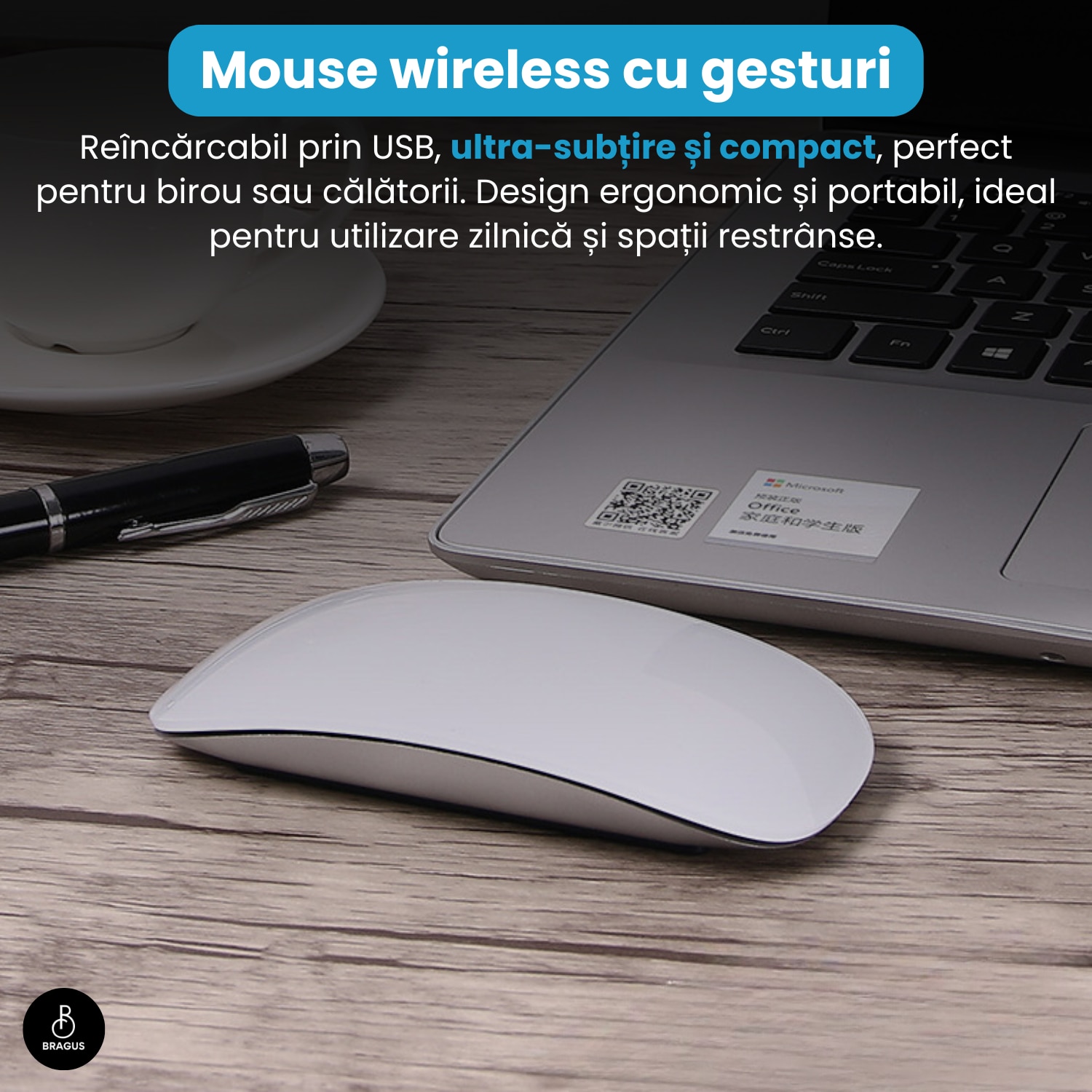 Mouse Wireless cu Gesturi, BRAGUS, Reincarcabil USB-C, Ultra Subtire ...