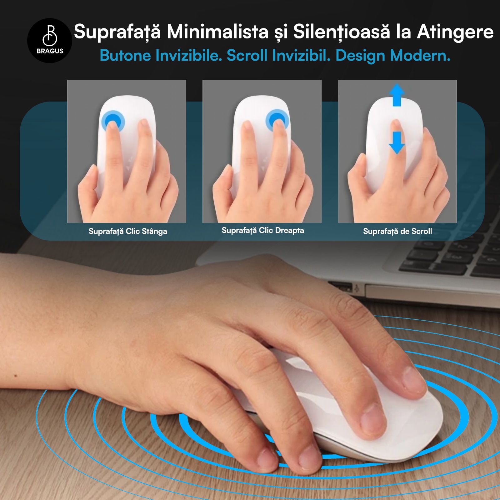 Mouse Wireless cu Gesturi, BRAGUS, Reincarcabil USB-C, Ultra Subtire ...