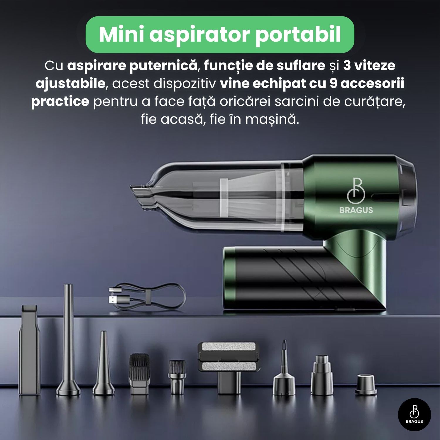 Aspirator Auto 4 in 1 Portabil, BRAGUS, Pliabil, 16000Pa, 100W, Baterie ...