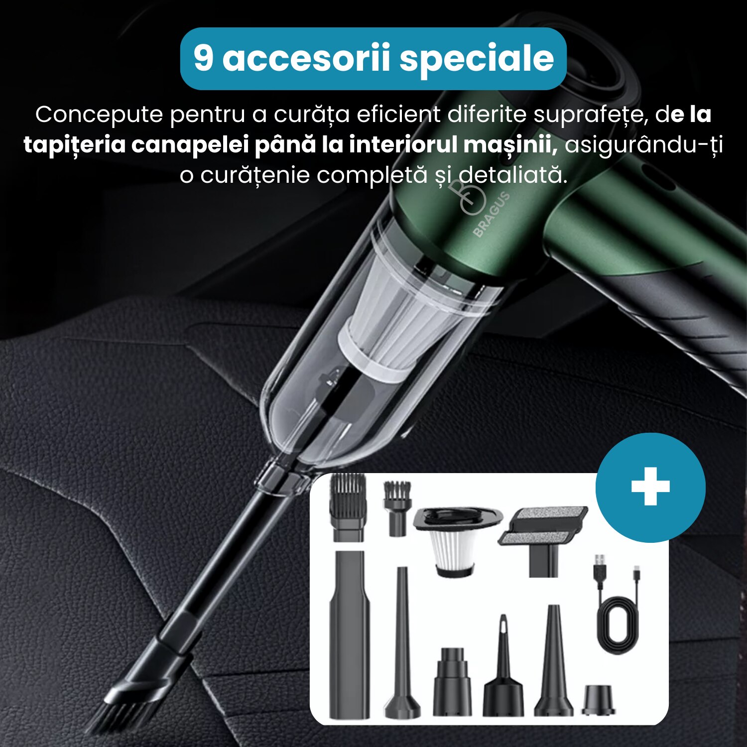 Aspirator Auto 4 in 1 Portabil, BRAGUS, Pliabil, 16000Pa, 100W, Baterie ...