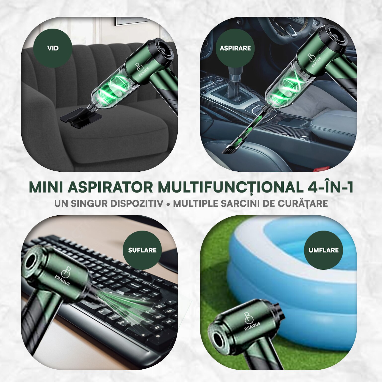 Aspirator Auto 4 in 1 Portabil, BRAGUS, Pliabil, 16000Pa, 100W, Baterie ...