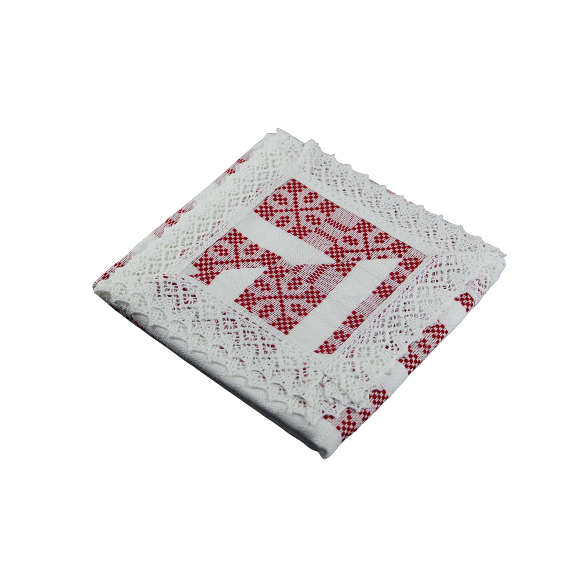 Fata de masa patrata alba cu insertie rosie si dantela alba 75 x 75 cm ...