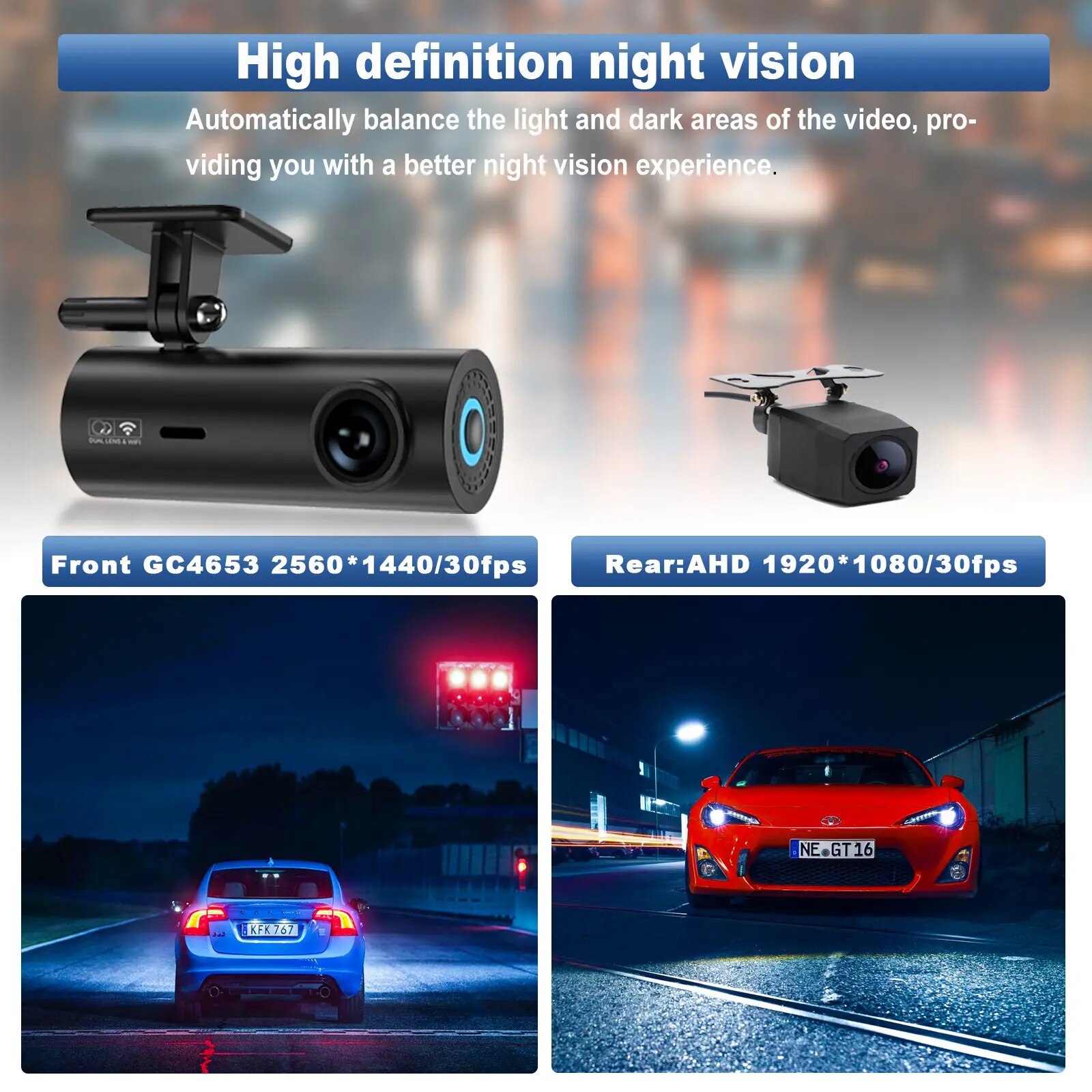 Camera auto 2K + camera spate 1080P DVR WIFI, Vizionare nocturna ...