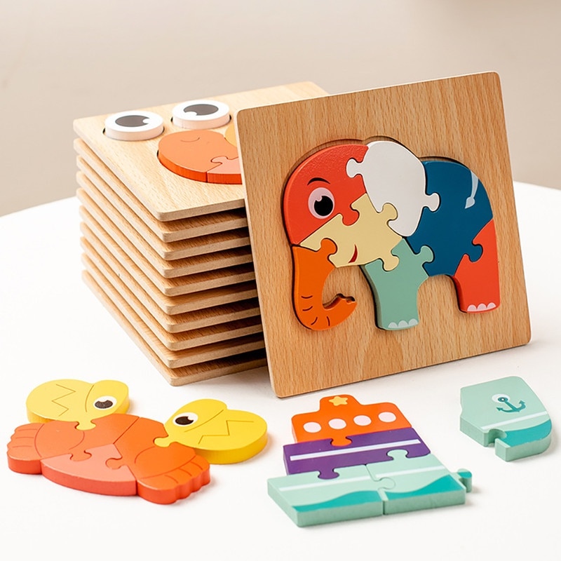 Puzzle din lemn 2 piese, elefant si avion, 15x15x1.3cm, set pentru ...