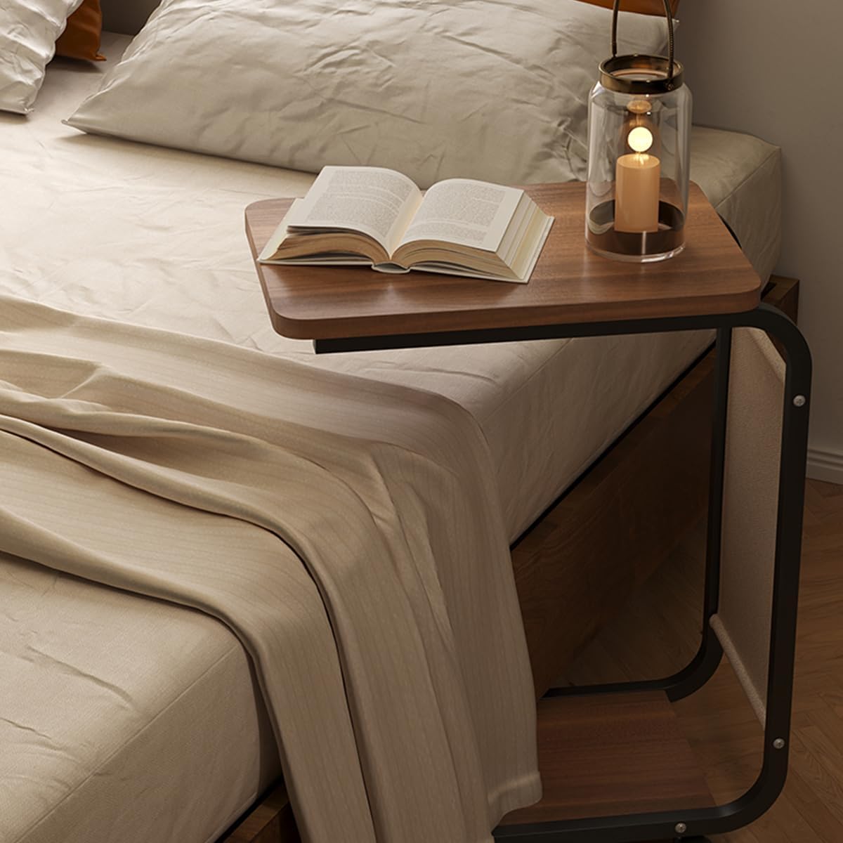 Masa laterala C, Morovan, design cu roti, 42x60cm, lemn si metal, cu ...