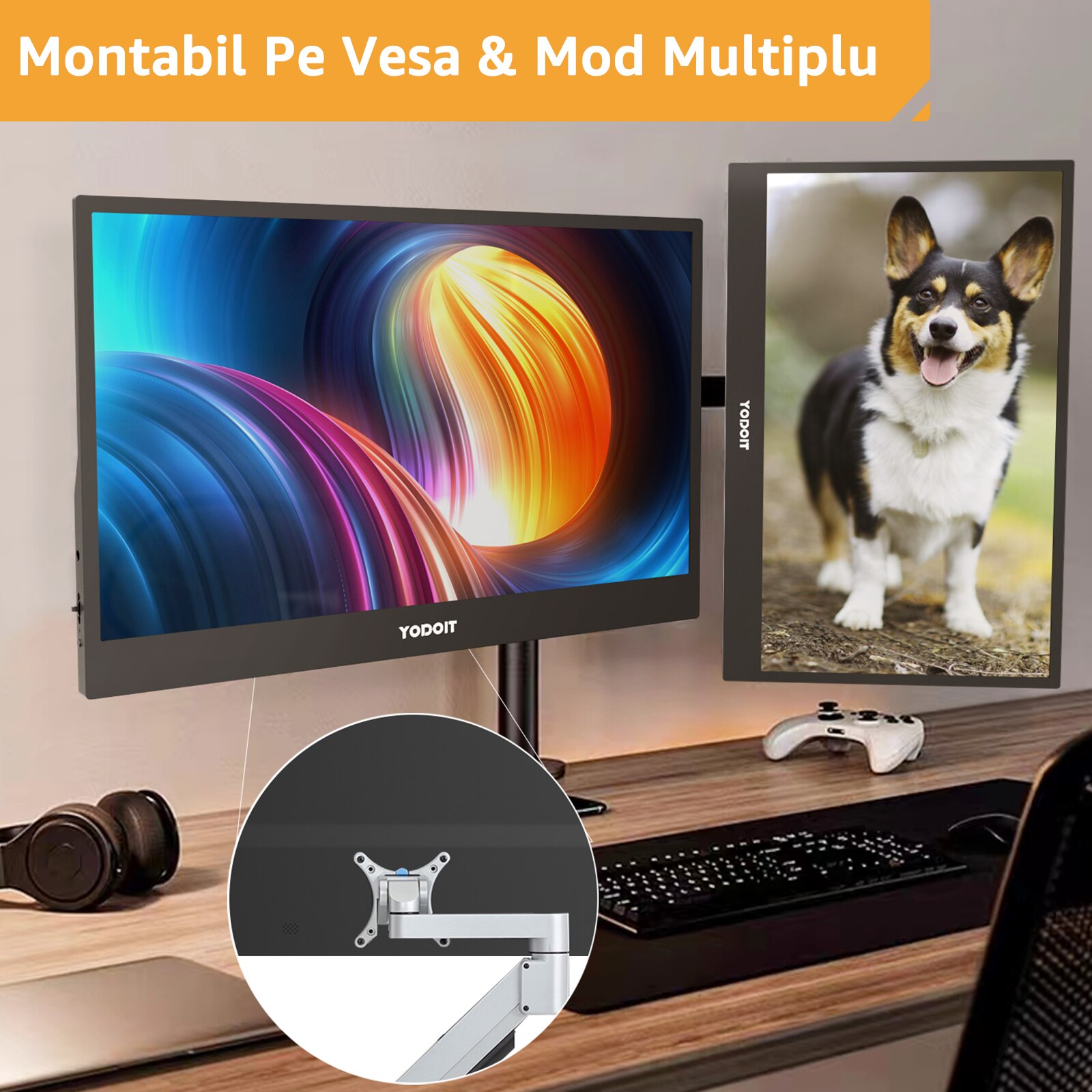 Monitor Portabil 15.6", YODOIT, 1920 x 1080 FULL HD, HDR, LED IPS, Mini ...