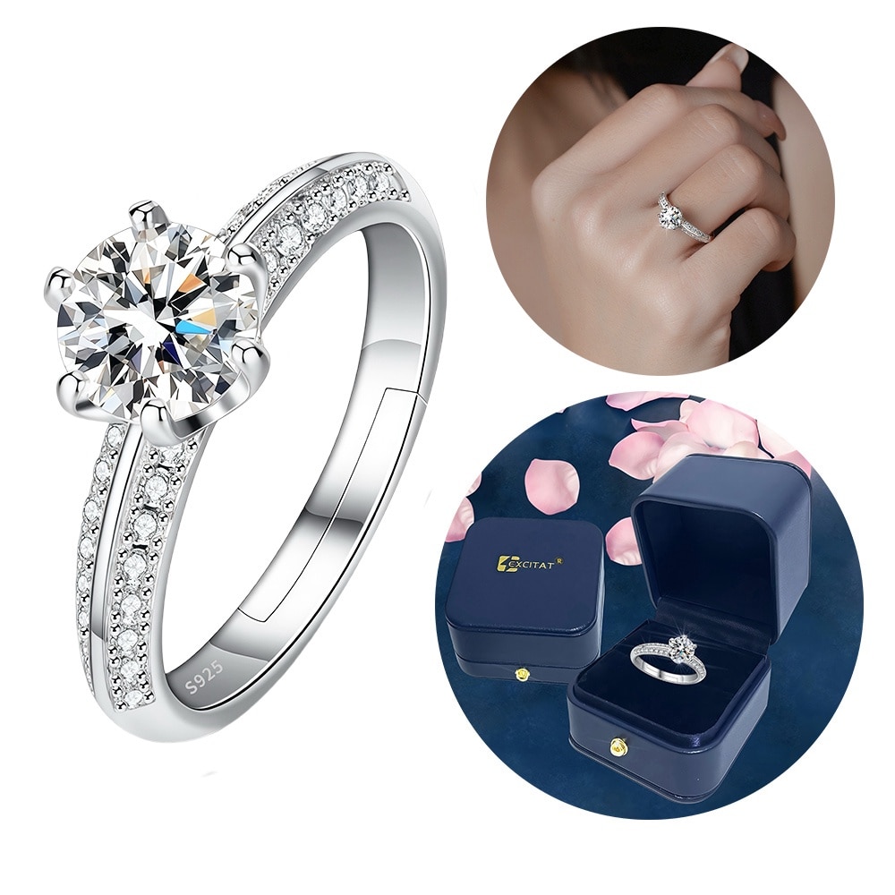 Inel Moissanite pentru femei, Excitat, 1 carat, 6 gheare, Set lateral cu 32 pietre pretioase de ...