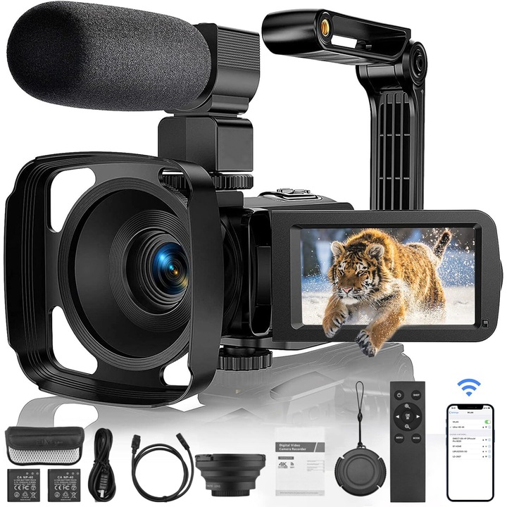 Camera video 4K, EXCITAT®, 56 MP, lumina LED, zoom digital 18X, ecran ...