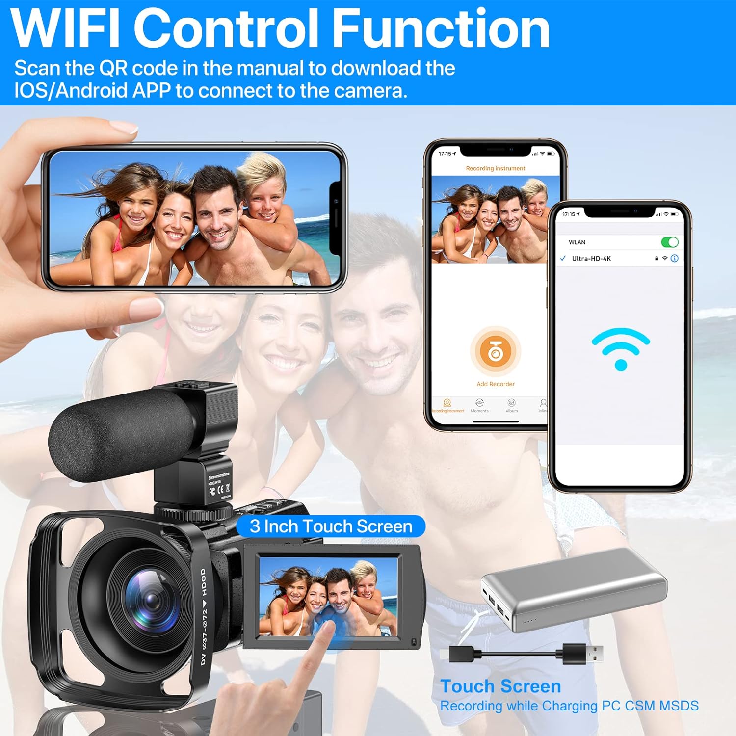 Camera video 4K, EXCITAT®, 56 MP, lumina LED, zoom digital 18X, ecran ...