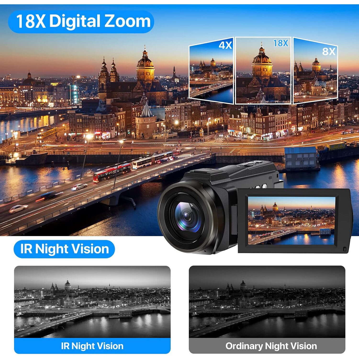 Camera video 4K, EXCITAT®, 56 MP, lumina LED, zoom digital 18X, ecran ...